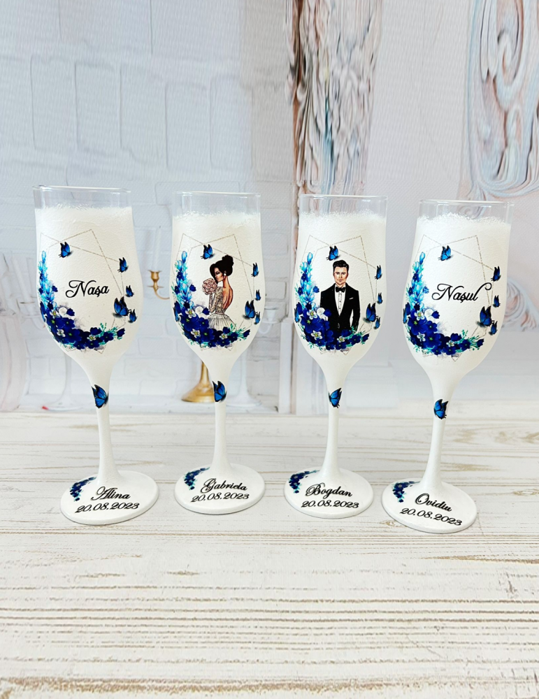 Pahare nunta personalizate pentru miri si nasi nuante de albastru regal ...
