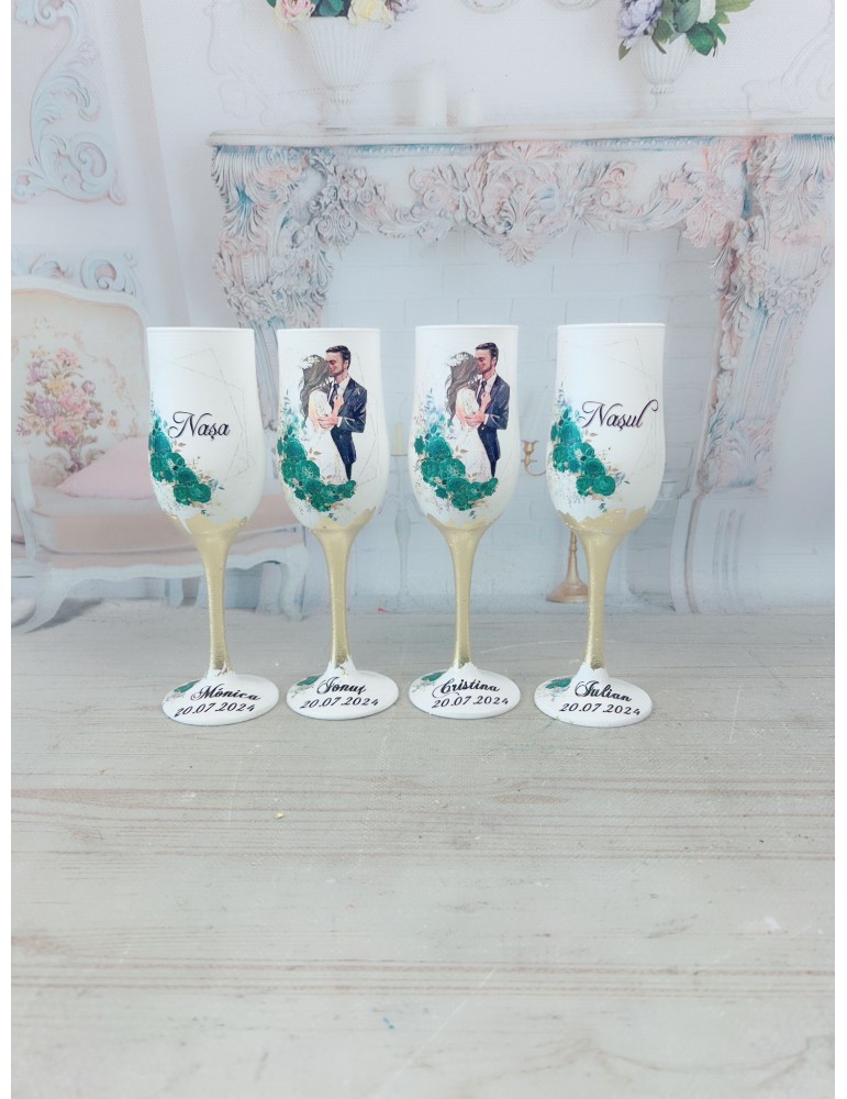 Pahare nunta personalizate pentru miri si nasi cu nuante de verde si ...