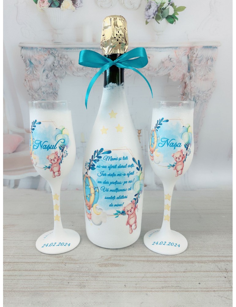 Set sampanie personalizat pentru nasi cu tematica ursuleti Taxa urgenta ...