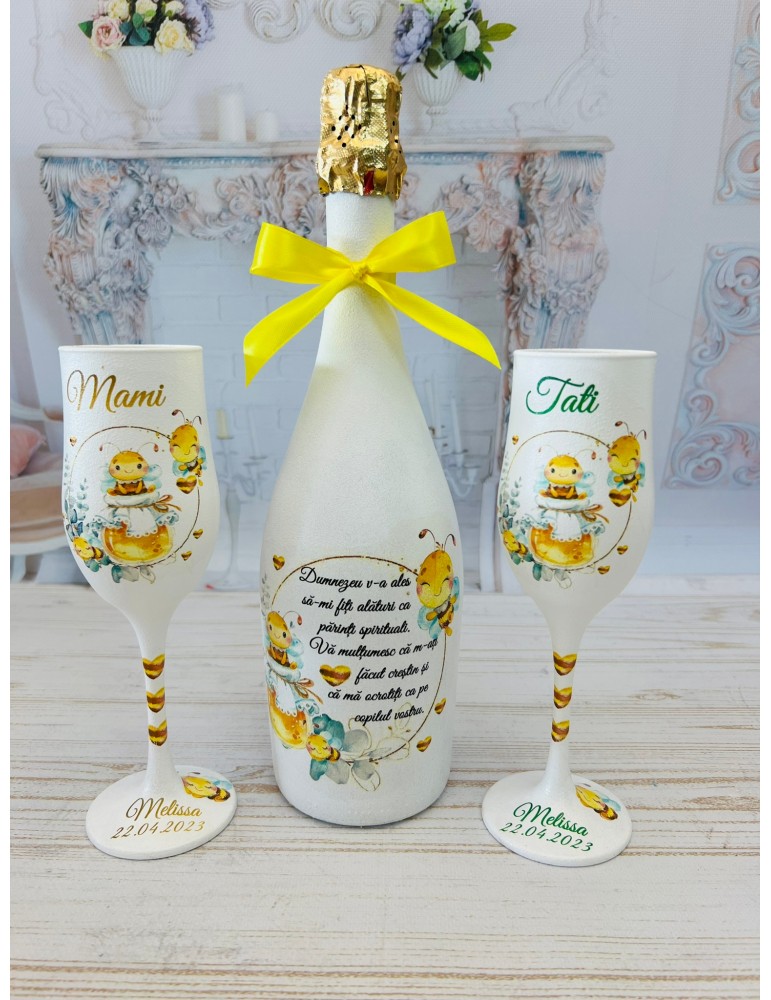 Set sampanie personalizat pentru parinti bebe tematica albinute Taxa ...
