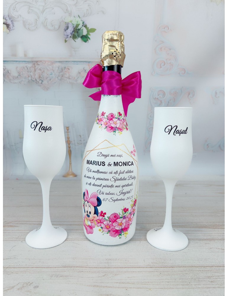 Set sampanie personalizat pentru nasi cu tematica Minnie Mouse Taxa ...